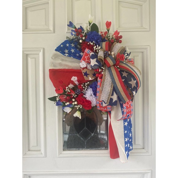 Handmade | Holiday | American Flag Swag Ribbon Floral Patriotic ...